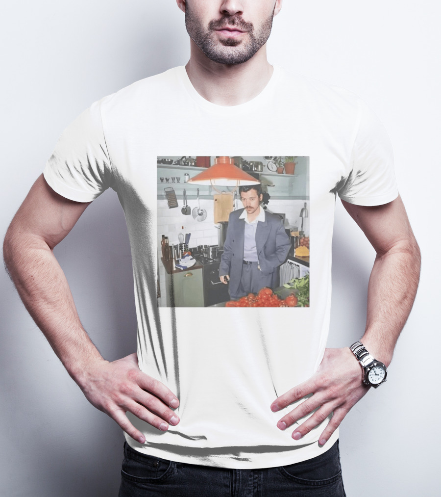 Harry Cooking In Stylish Kitchen With Suit And Vegetables T-Shirt