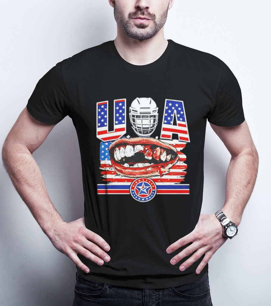 USA Hockey Helmet Bloody Teeth Mouth Stars Stripes Flag T-Shirt
