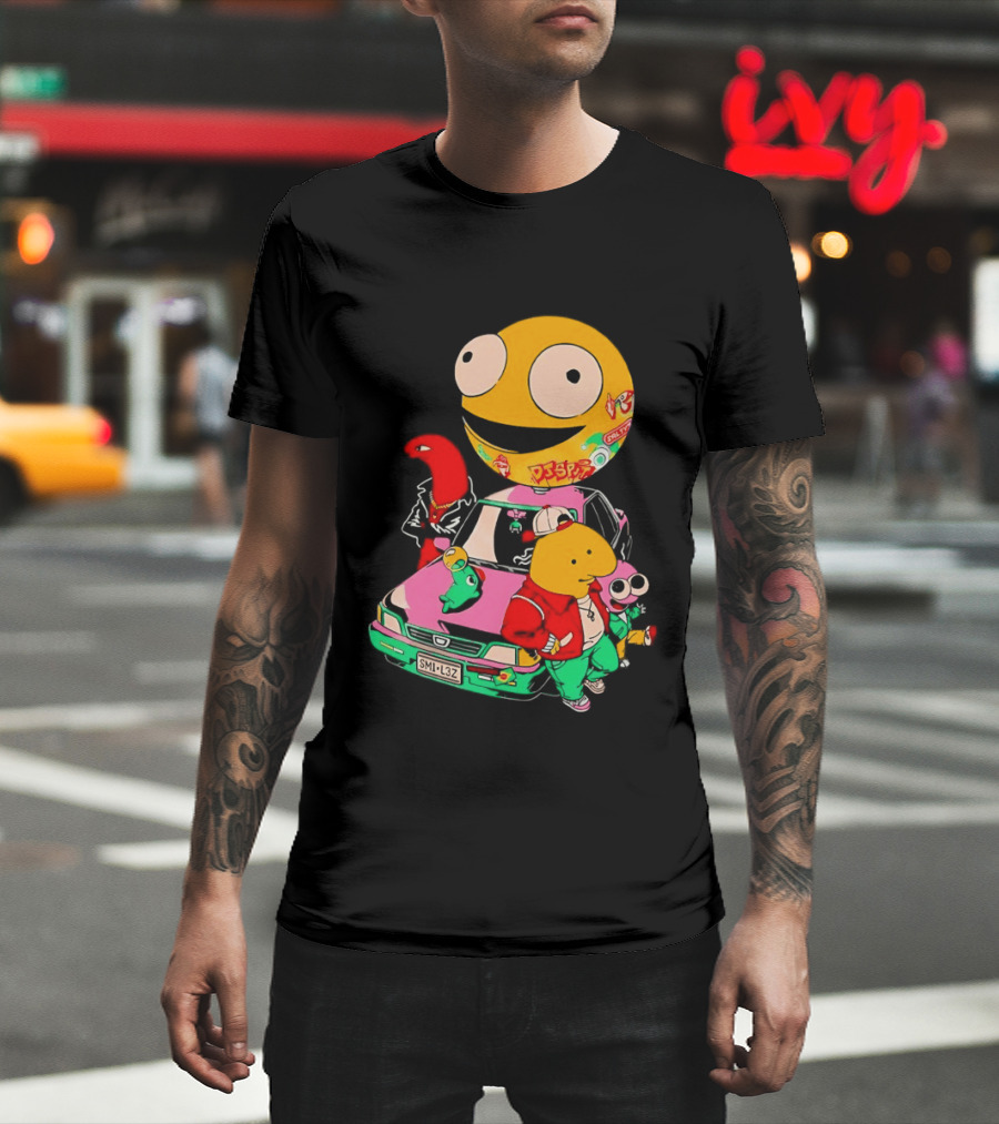 Pac Man Inspired Japanese Characters And Vintage Car Adventure T-Shirt