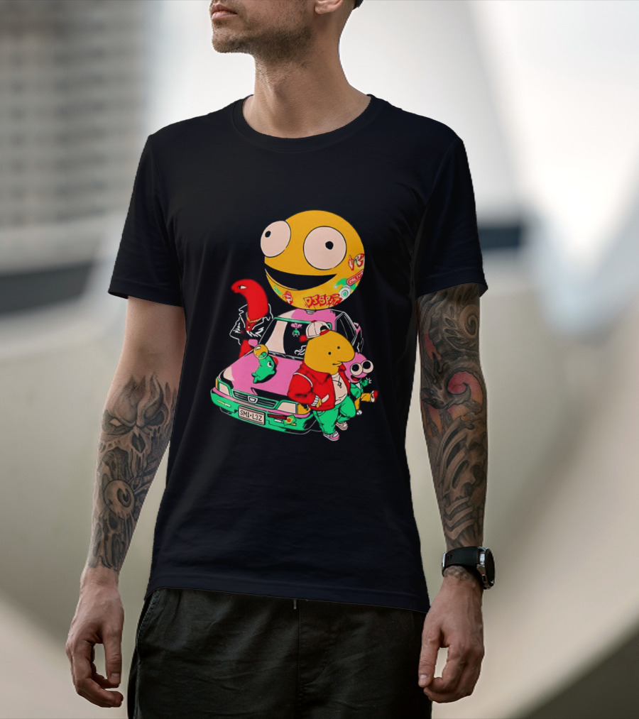 Pac Man Inspired Japanese Characters And Vintage Car Adventure T-Shirt
