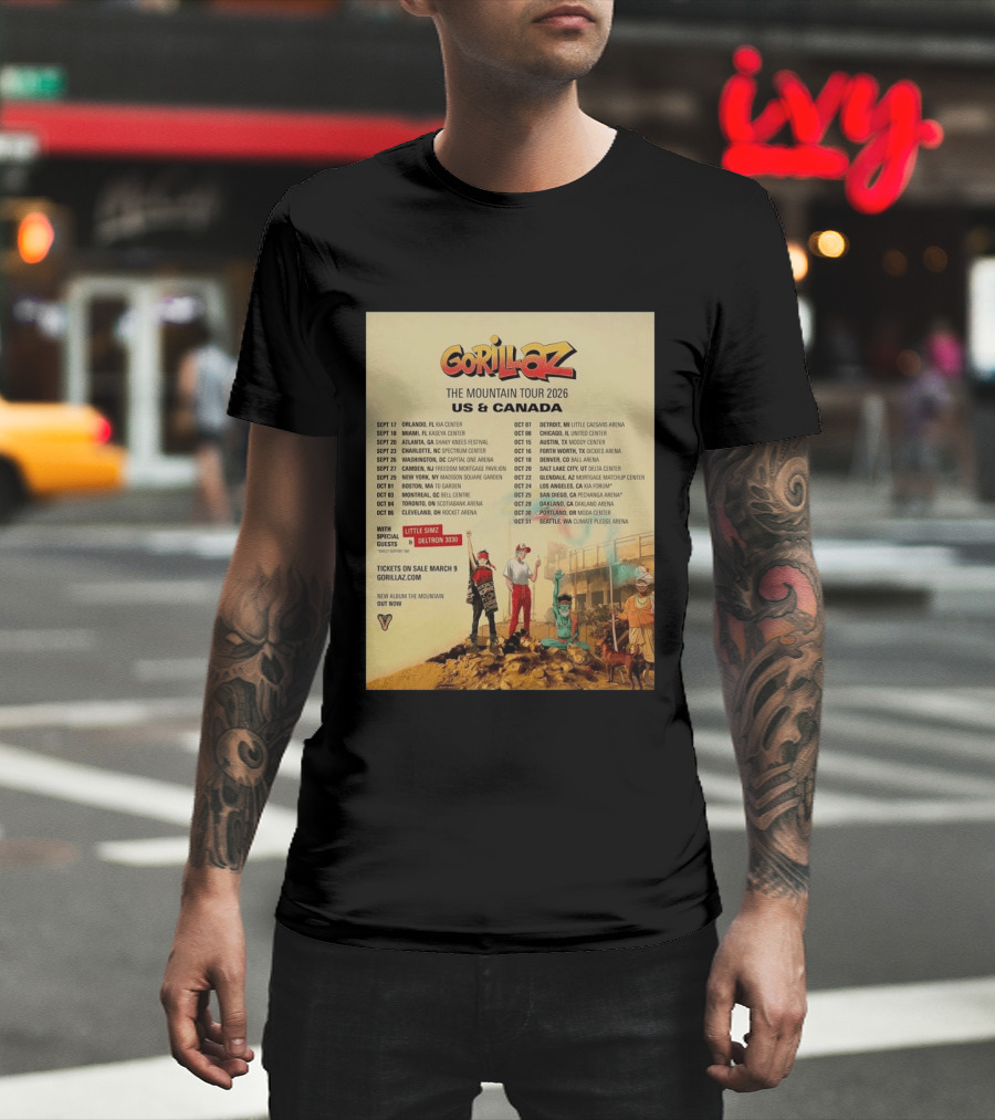 Gorillaz The Mountain Tour 2026 US Canada Dates Little Simz Deltron 3030 T-Shirt