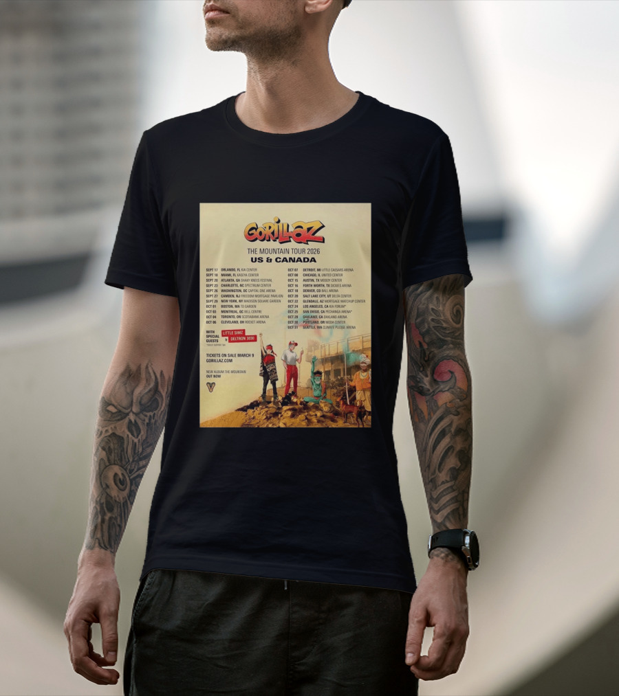 Gorillaz The Mountain Tour 2026 US Canada Dates Little Simz Deltron 3030 T-Shirt