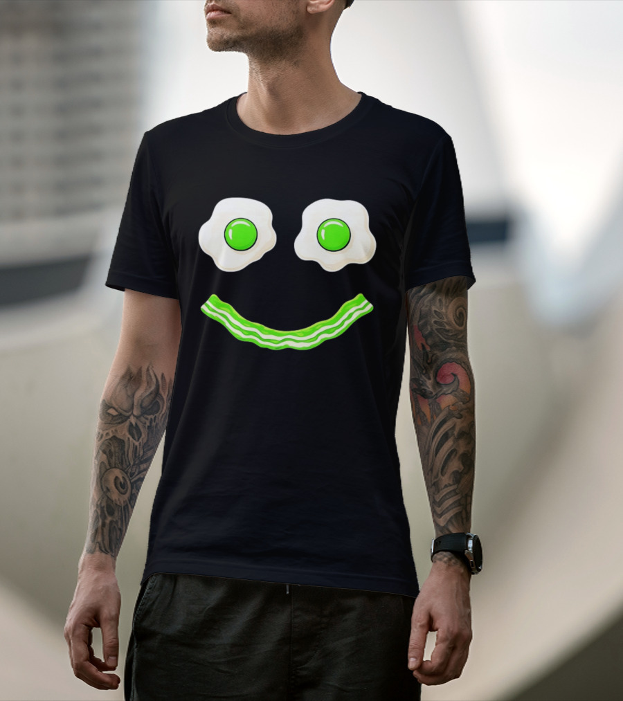 Green Smile Face Eggs And Bacon Ham Breakfast Fun Food Expression T-Shirt