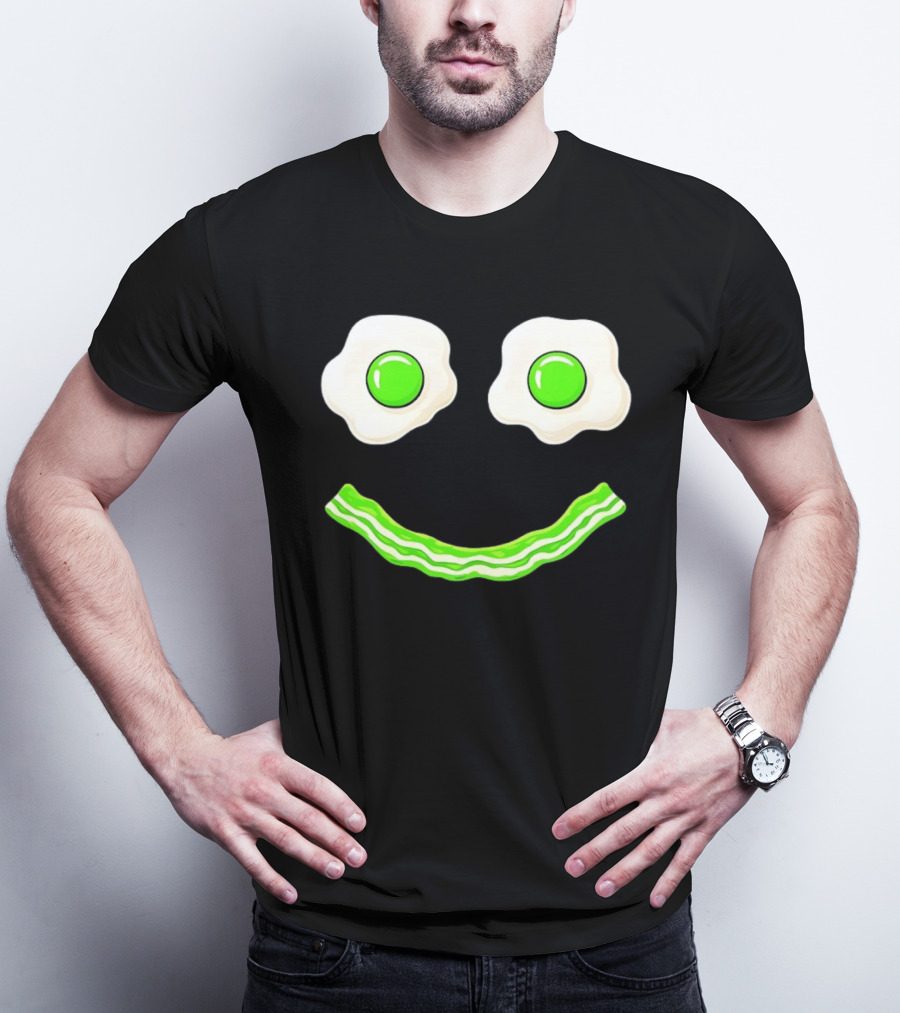 Green Smile Face Eggs And Bacon Ham Breakfast Fun Food Expression T-Shirt