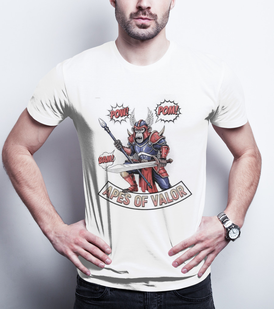 Apes Of Valor Pow Pom Bam Warrior Armor Battle Scene T-Shirt