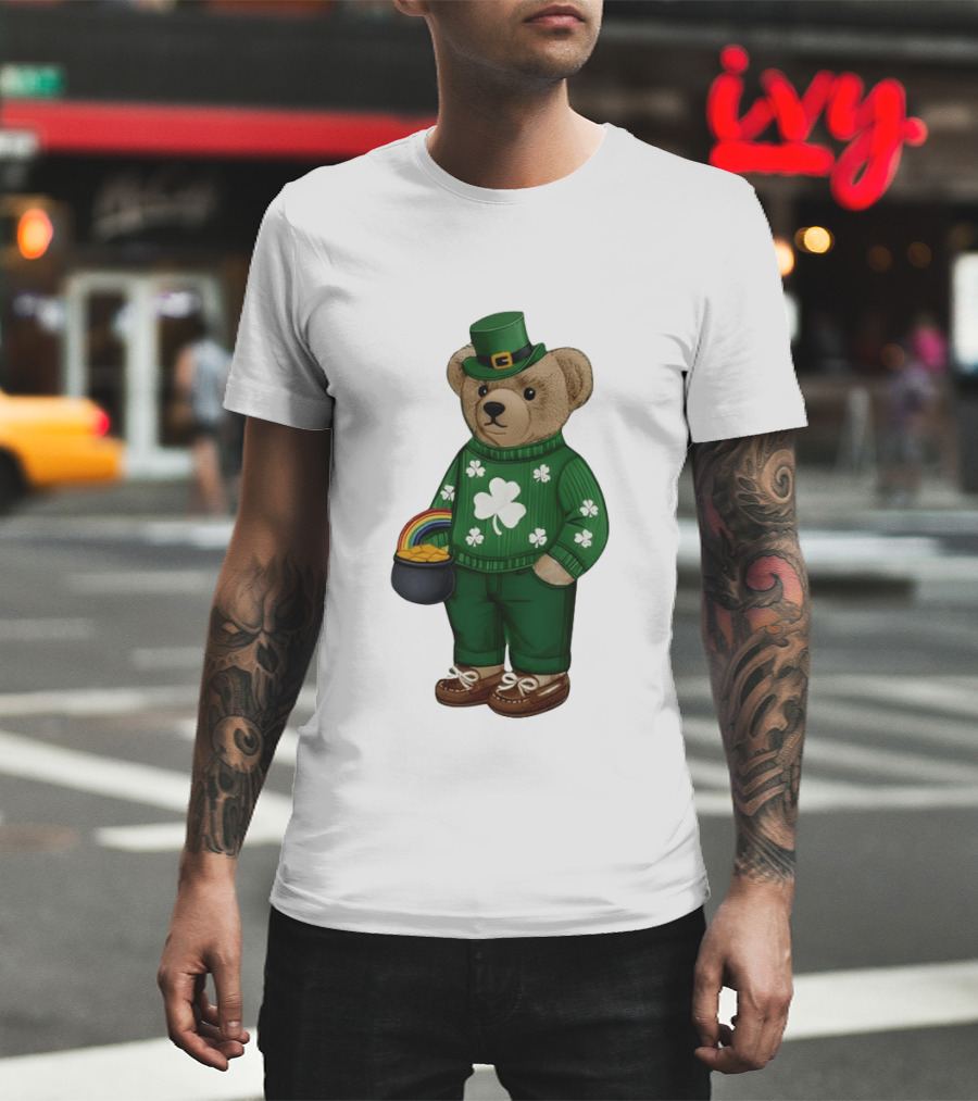 Lucky Teddy Bear Irish St Patricks Day Clover Rainbow Pot Of Gold T-Shirt