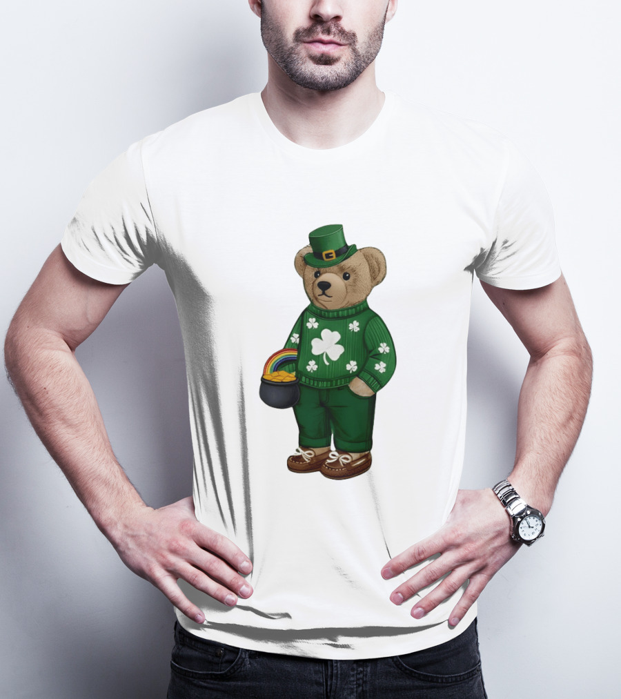 Lucky Teddy Bear Irish St Patricks Day Clover Rainbow Pot Of Gold T-Shirt