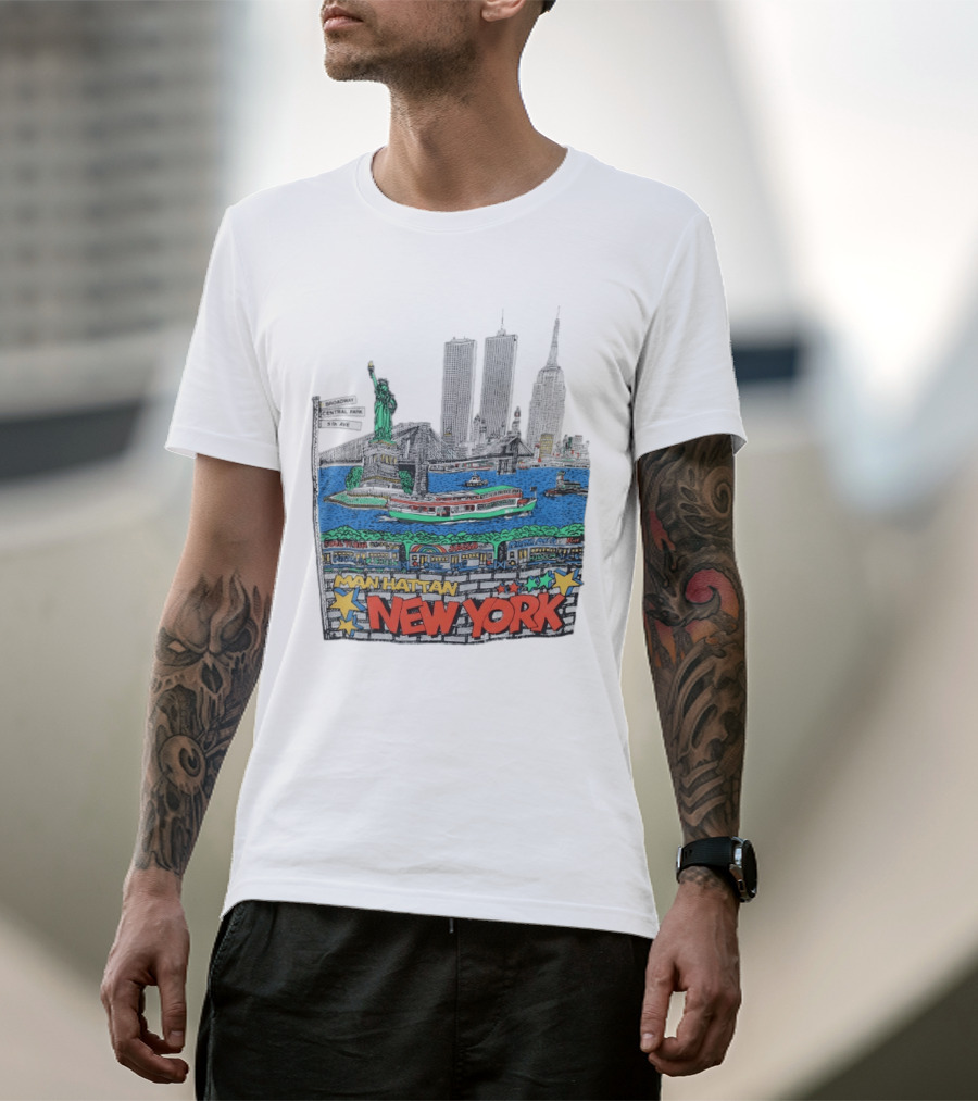 Statue Of Liberty Brooklyn Bridge Broadway Central Park 5th Ave Manhattan New York Skyline T-Shirt