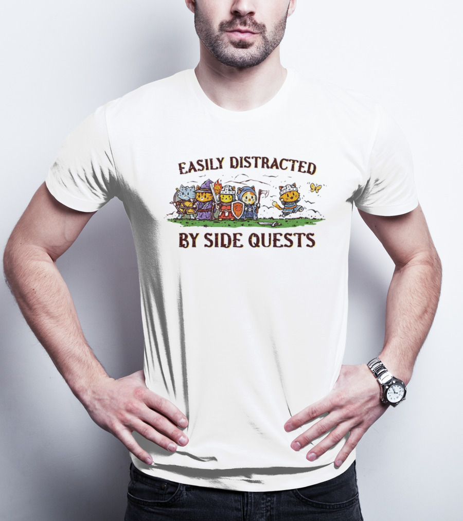 Easily Distracted By Side Quests Cats In Fantasy Costumes T-Shirt