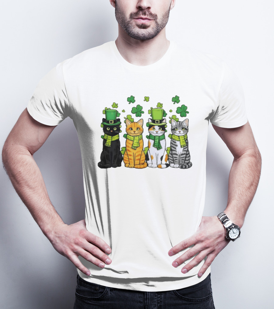 St Catrick's Day Black Cat Orange Tabby Cat Calico Cat And Gray Tabby Cat With Shamrocks And Green St Patrick's Hats T-Shirt