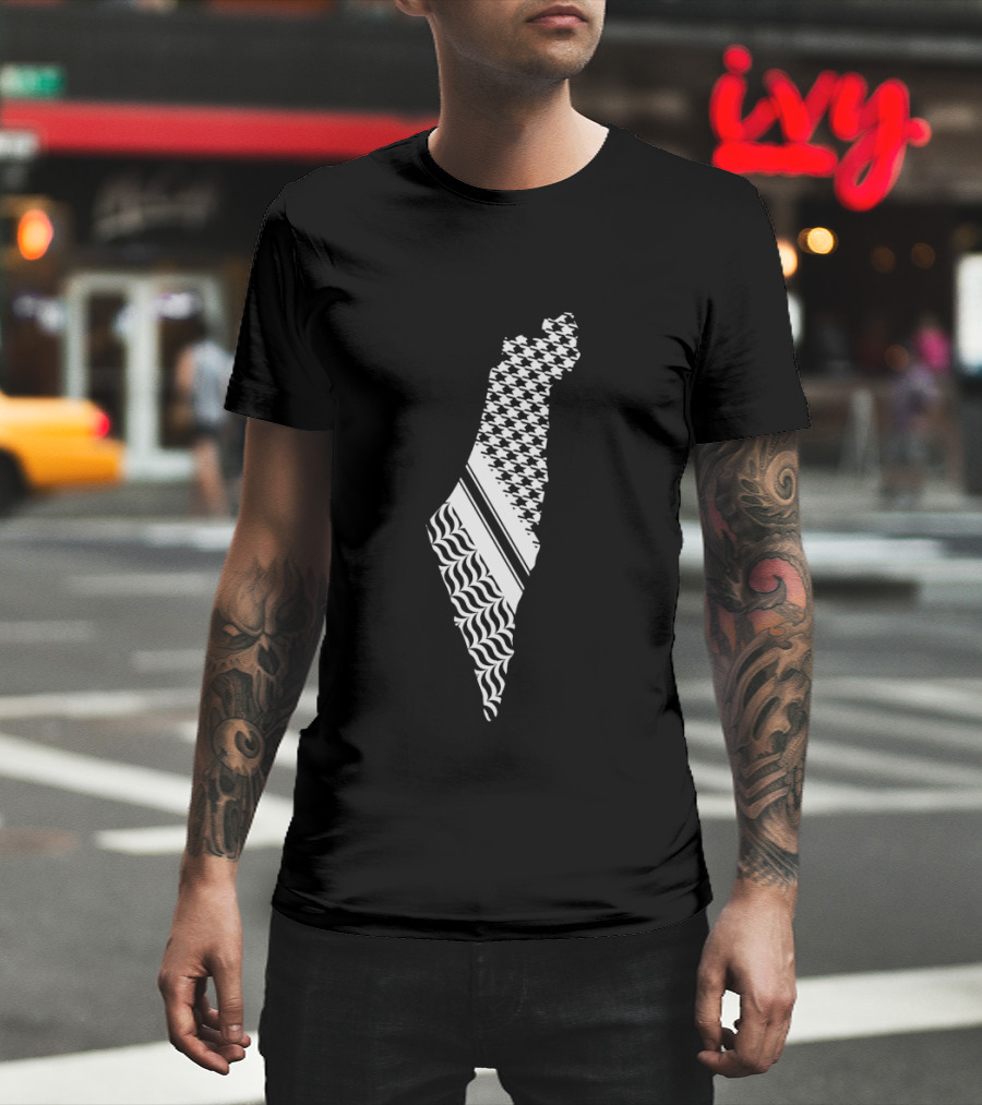 Free Palestine Map With Kufiya And Waves T-Shirt