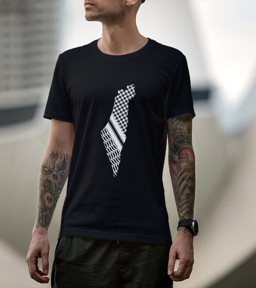 Free Palestine Map With Kufiya And Waves T-Shirt