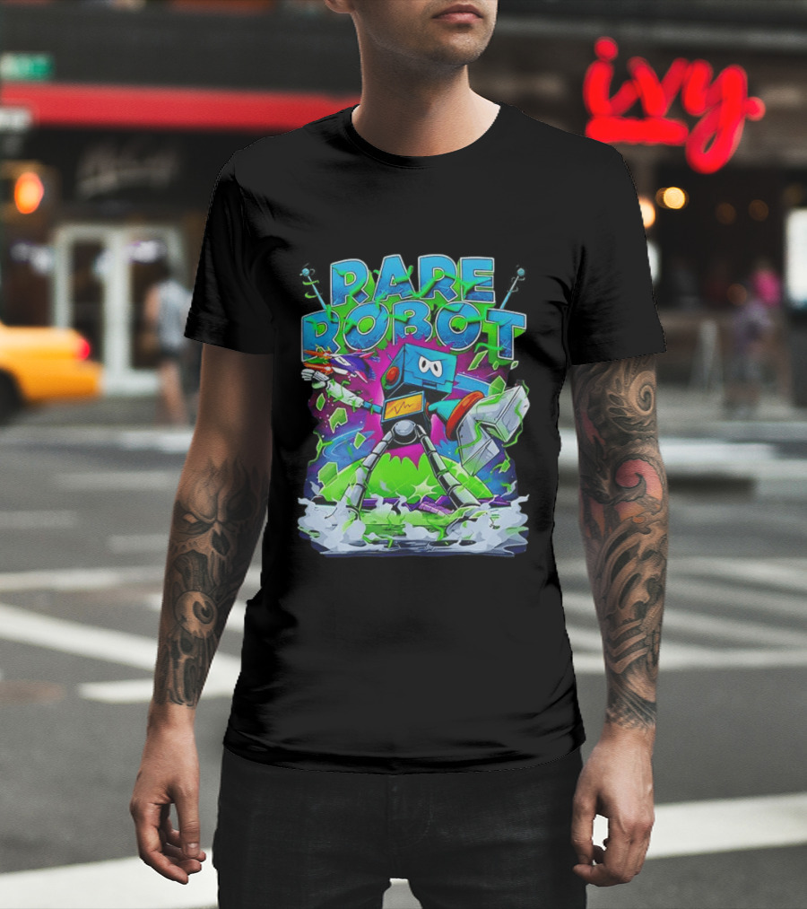 RARE ROBOT 555 Futuristic Retro Neon Style Robot Explosion T-Shirt