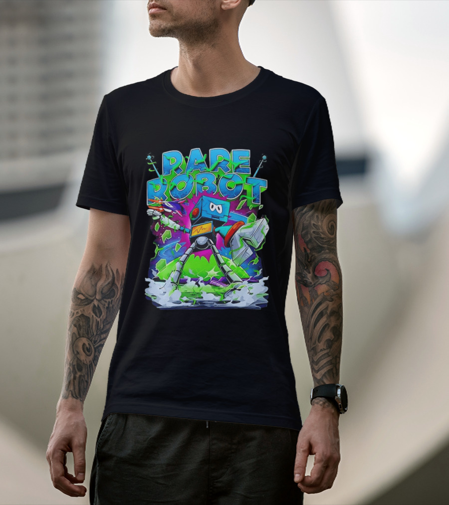 RARE ROBOT 555 Futuristic Retro Neon Style Robot Explosion T-Shirt