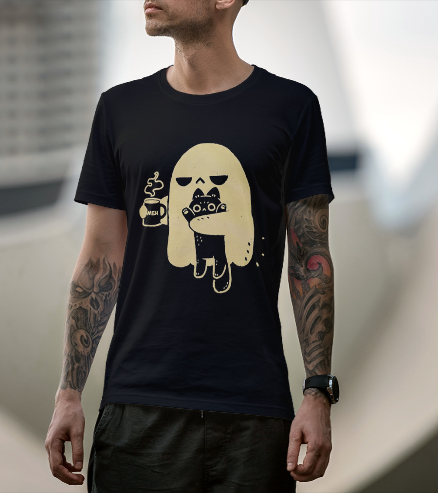 Ghost With Cat And Coffee Cup T-Shirt