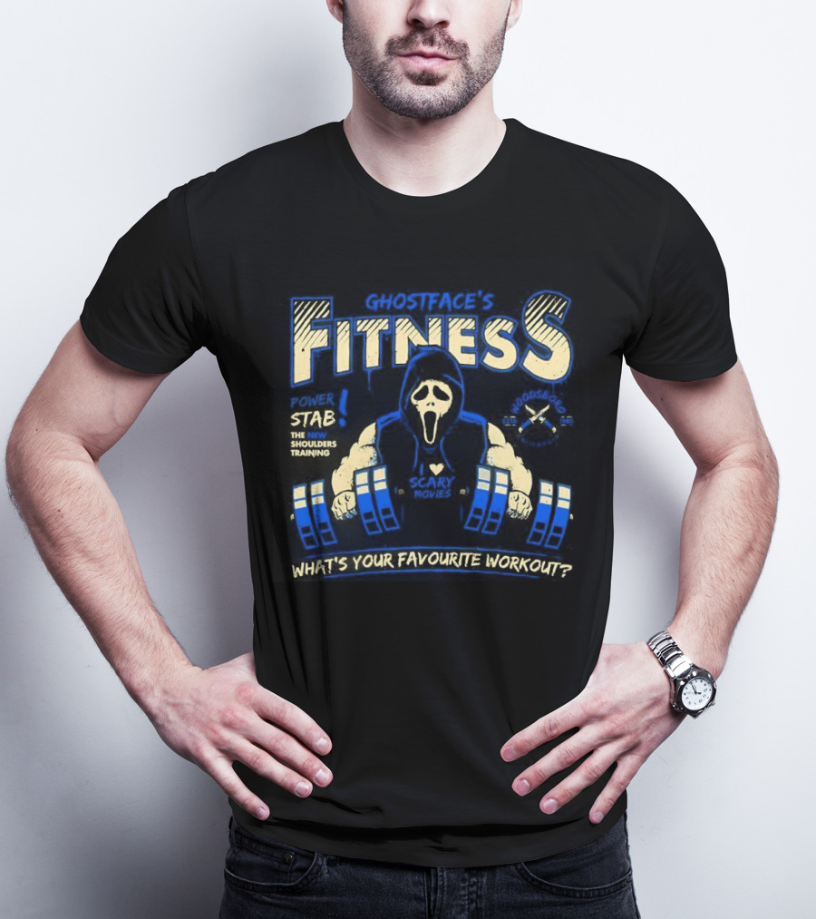 Ghostface Fitness What's Your Favorite Workout Power Stab Shoulder Training T-Shirt