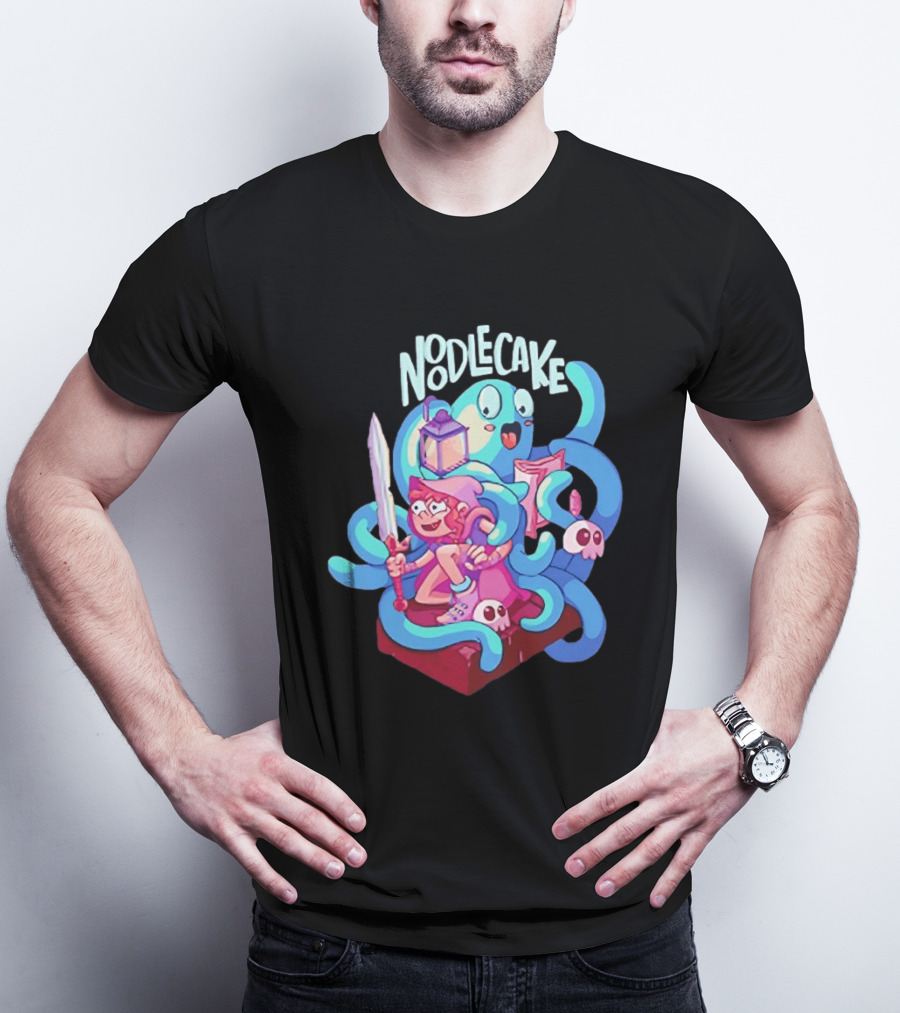 Noodlecake Cartoon Adventurer And Ghost With Sword And Skulls T-Shirt