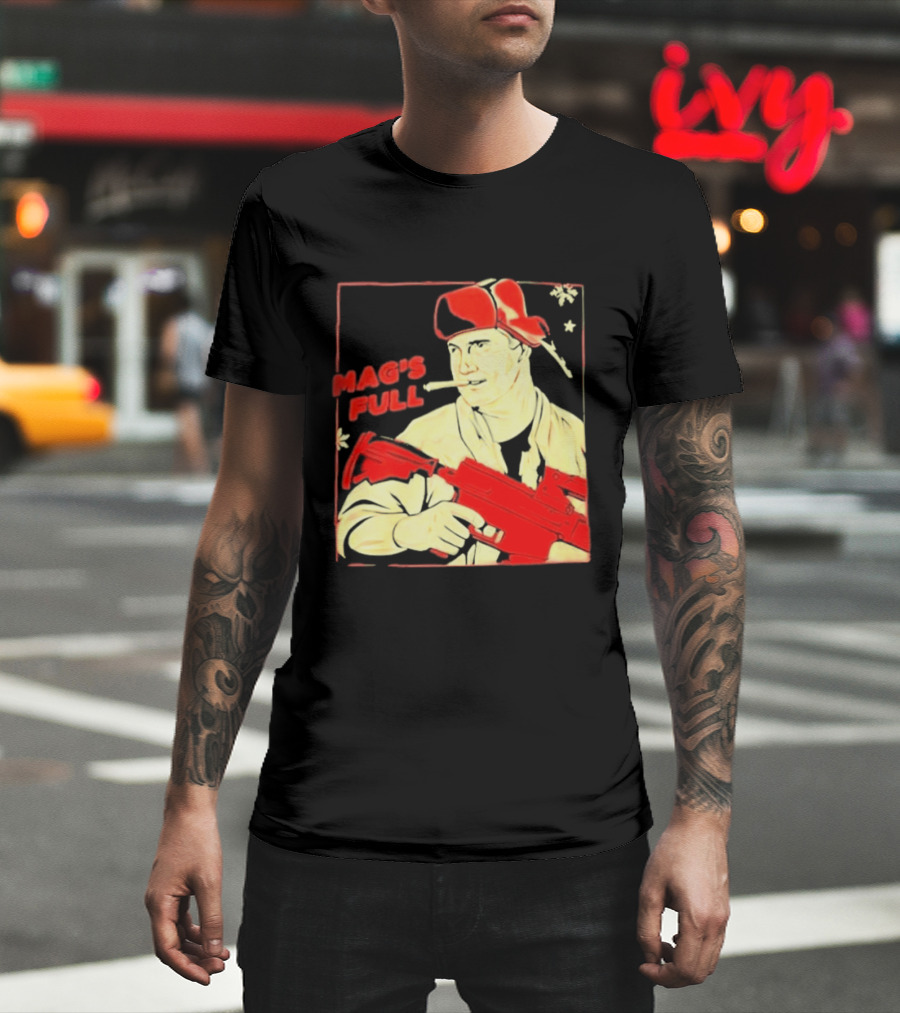 Mag's Full Armed Character With Red Cap And Gun T-Shirt