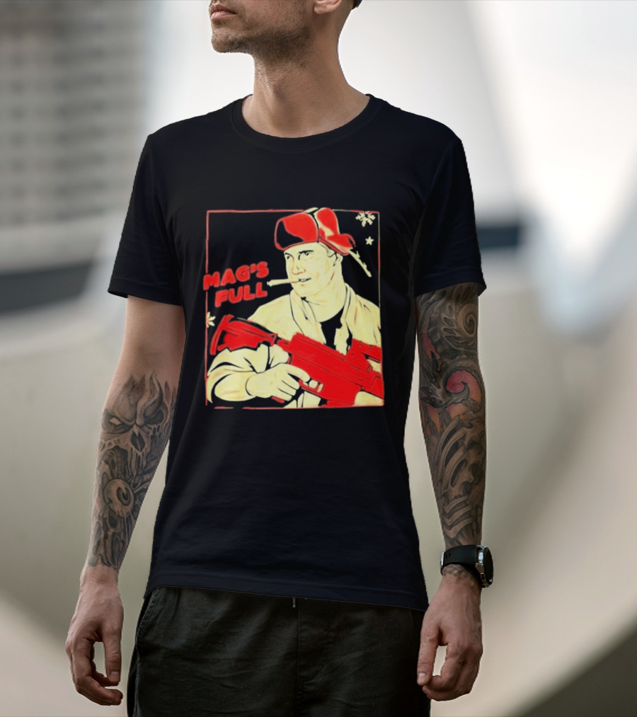 Mag's Full Armed Character With Red Cap And Gun T-Shirt