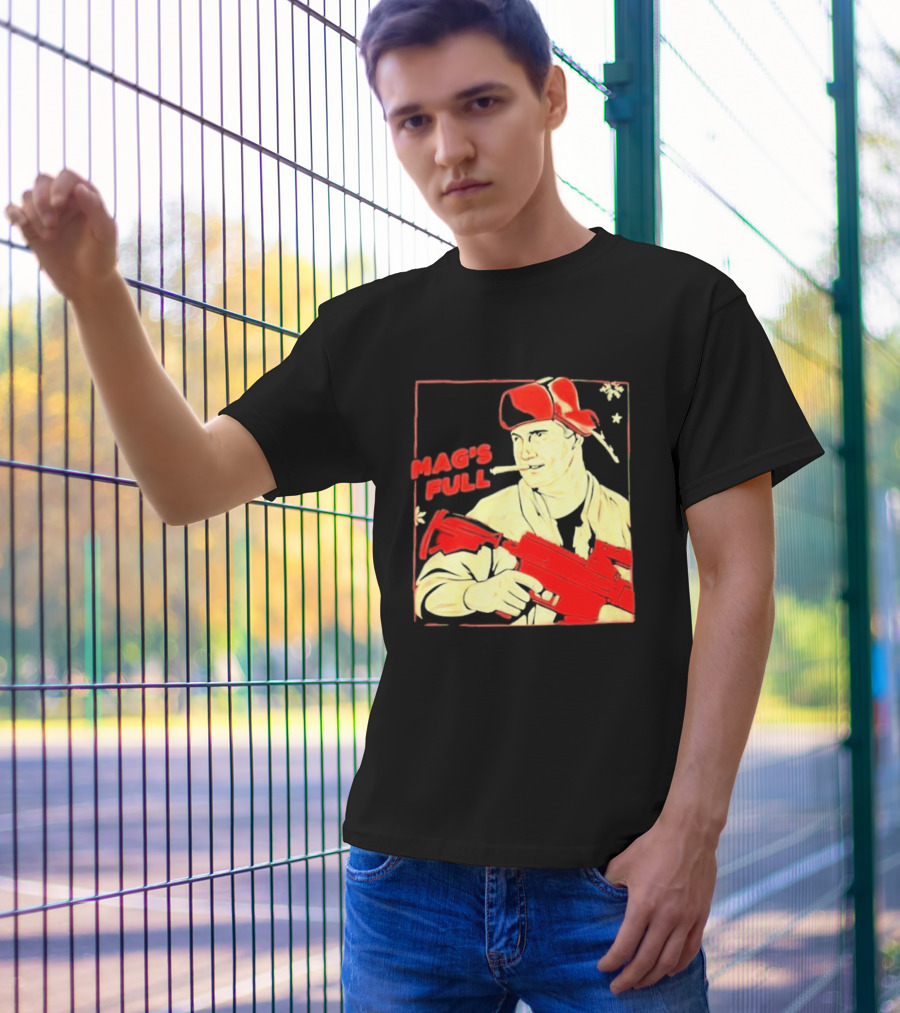 Mag's Full Armed Character With Red Cap And Gun T-Shirt