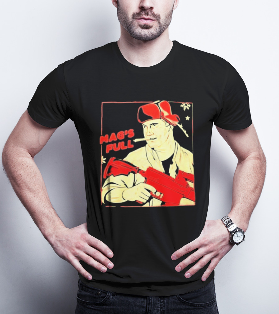 Mag's Full Armed Character With Red Cap And Gun T-Shirt