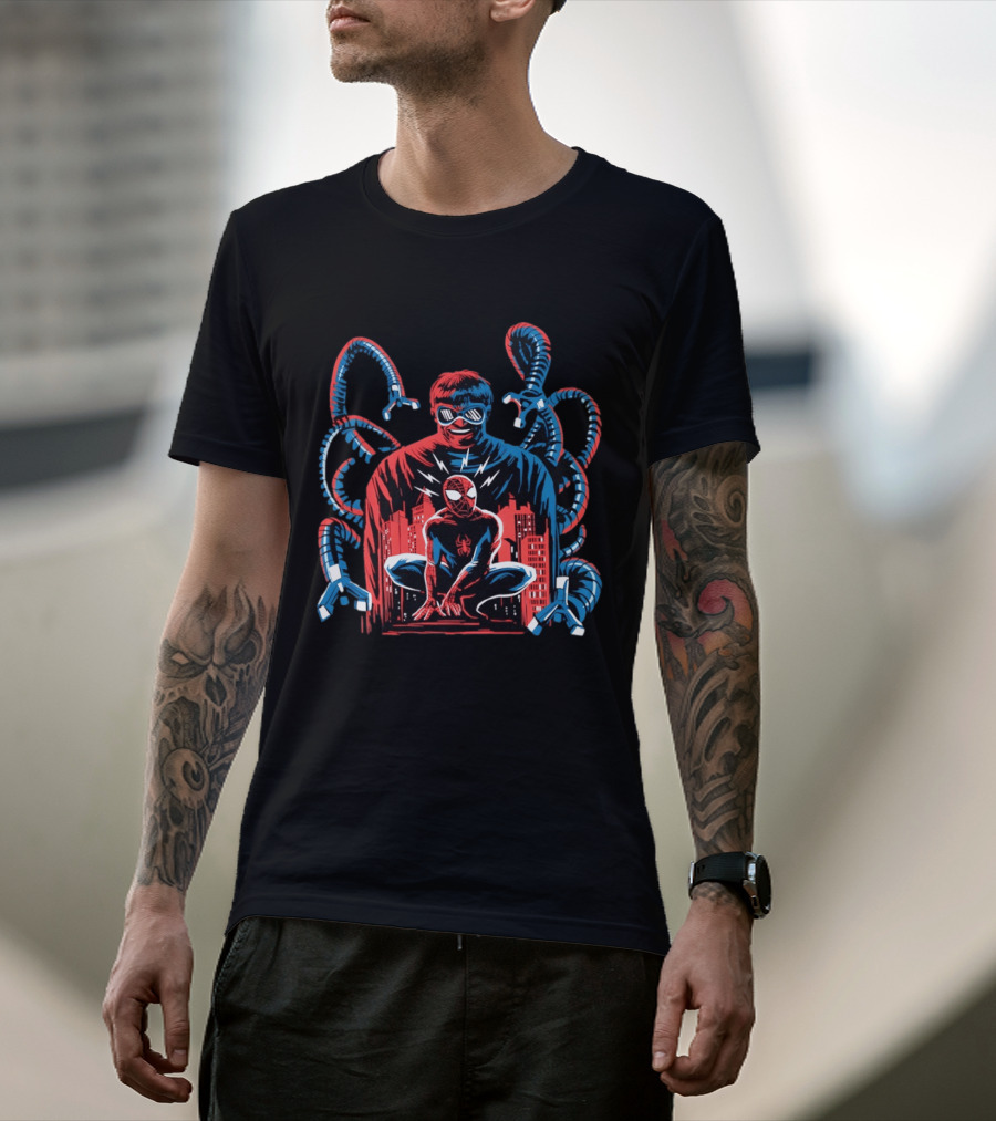 The Shadow Of The Octopus Spider Man And Doctor Octopus Cityscape Showdown T-Shirt