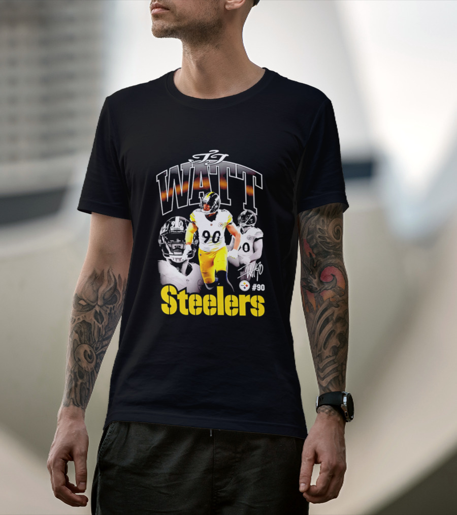 T.J. Watt Steelers #90 Triple Image With Signature T-Shirt