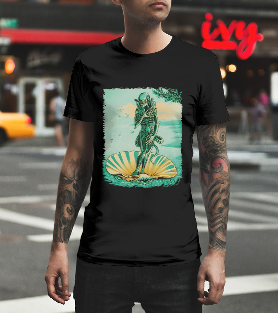 Alien Seated On Seashell The Birth Of Alienus Fusion Renaissance T-Shirt