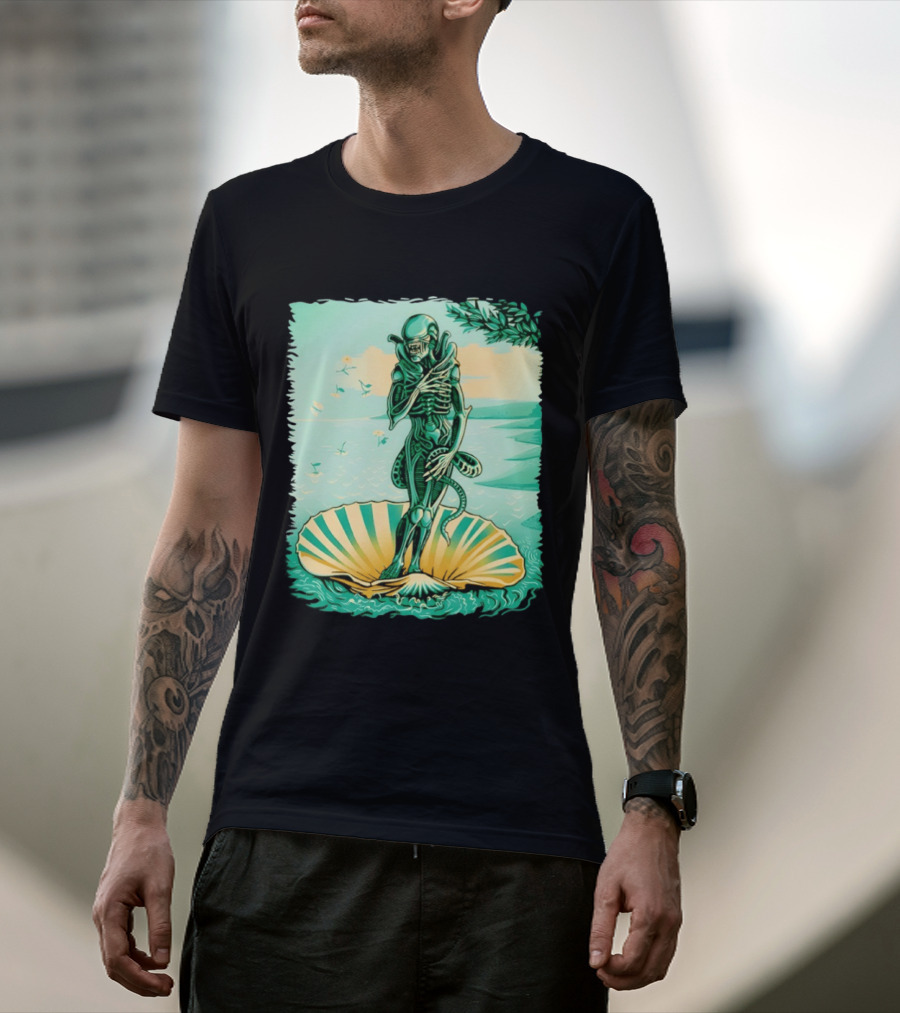 Alien Seated On Seashell The Birth Of Alienus Fusion Renaissance T-Shirt