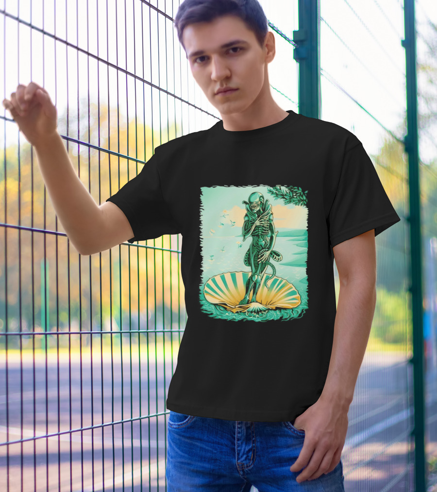 Alien Seated On Seashell The Birth Of Alienus Fusion Renaissance T-Shirt