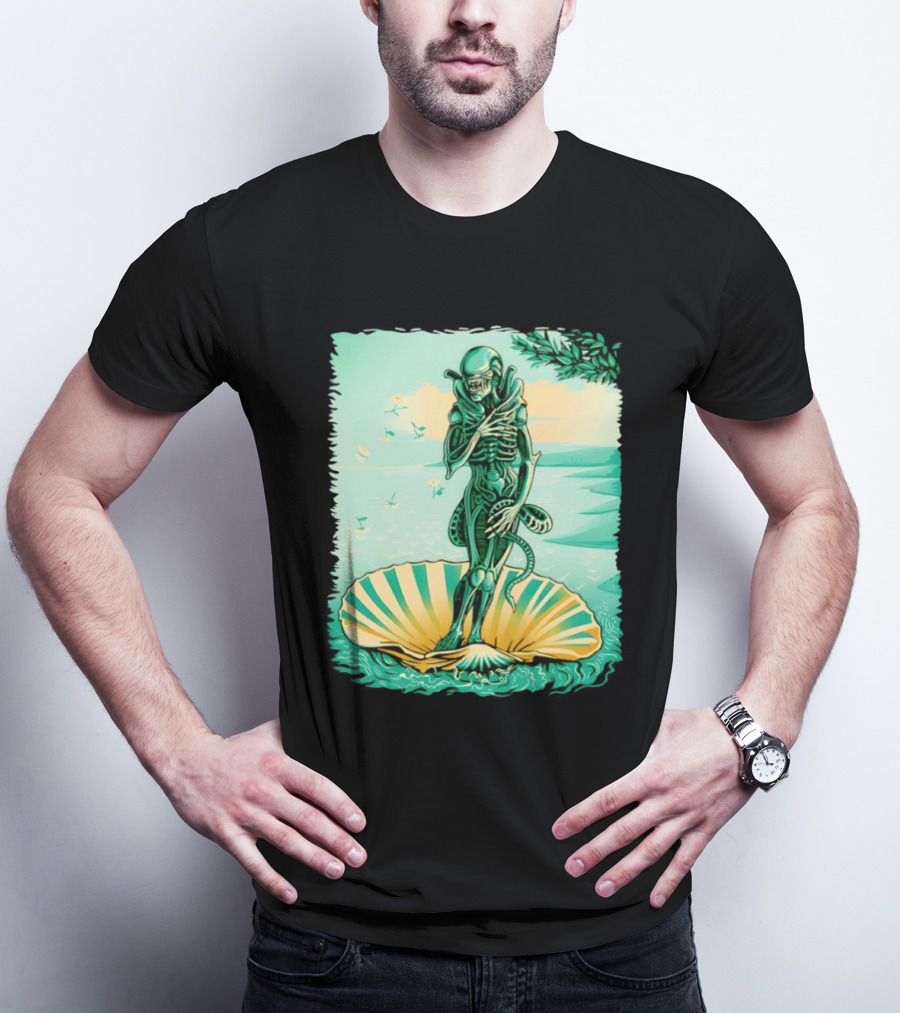 Alien Seated On Seashell The Birth Of Alienus Fusion Renaissance T-Shirt