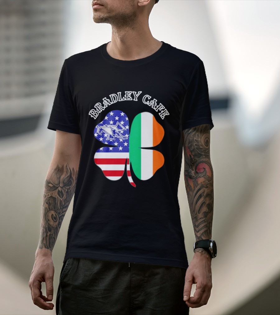 Bradley Cafe Providence RI Est 1937 Four Leaf Clover American Irish Flag T-Shirt