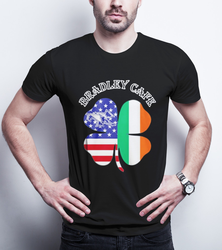 Bradley Cafe Providence RI Est 1937 Four Leaf Clover American Irish Flag T-Shirt