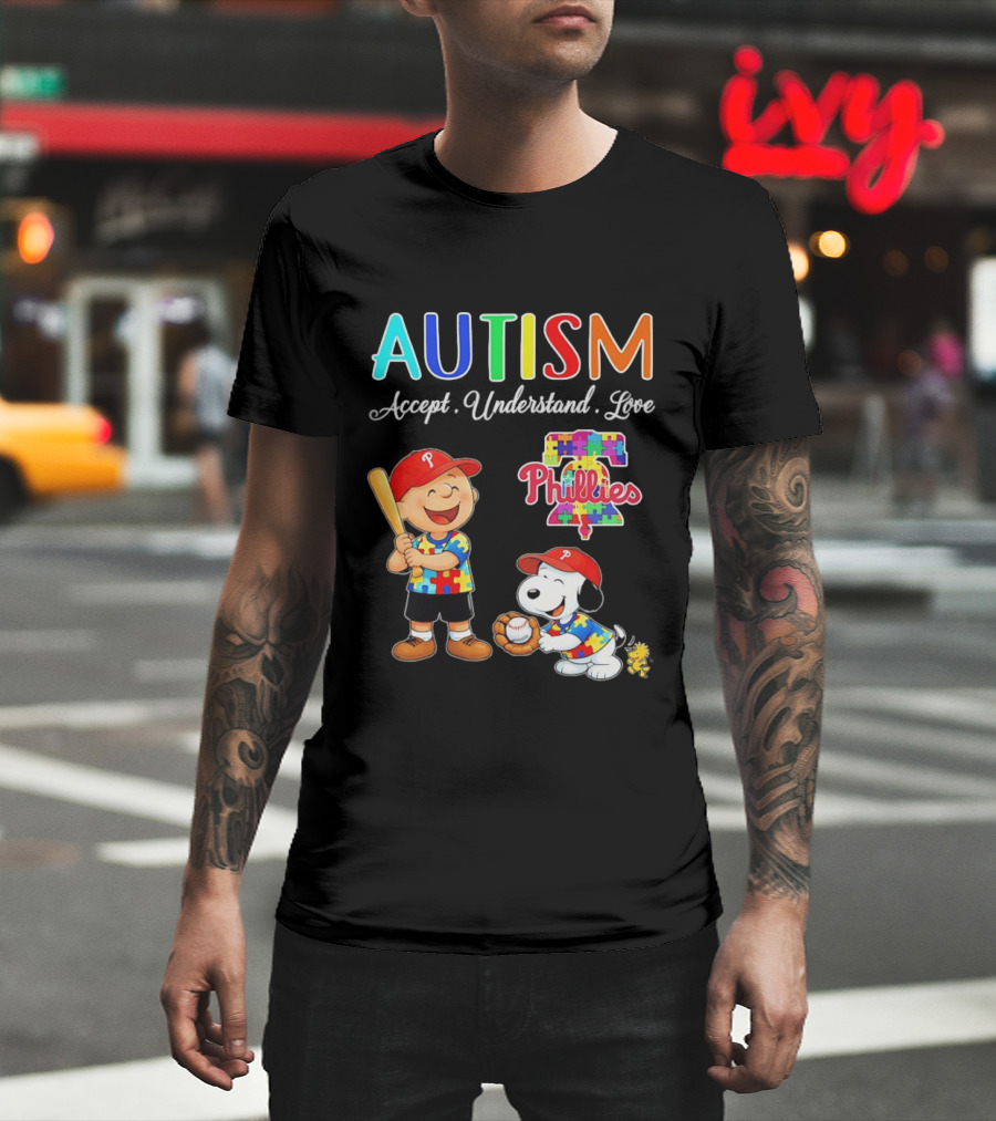 Charlie Brown Snoopy Philadelphia Phillies Autism Awareness Puzzle Piece Accept Understand Love T-Shirt