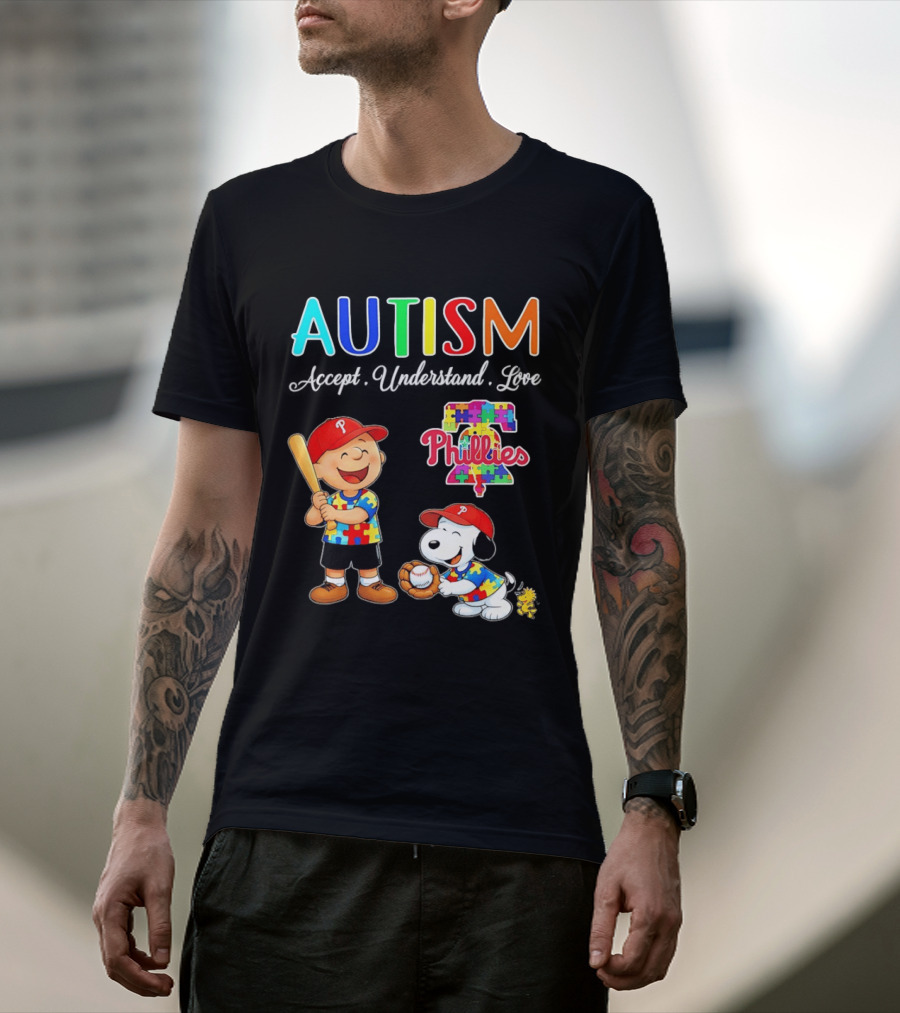 Charlie Brown Snoopy Philadelphia Phillies Autism Awareness Puzzle Piece Accept Understand Love T-Shirt