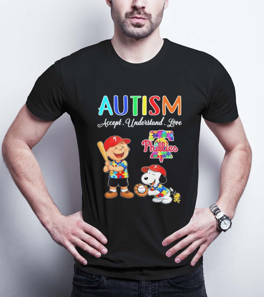 Charlie Brown Snoopy Philadelphia Phillies Autism Awareness Puzzle Piece Accept Understand Love T-Shirt
