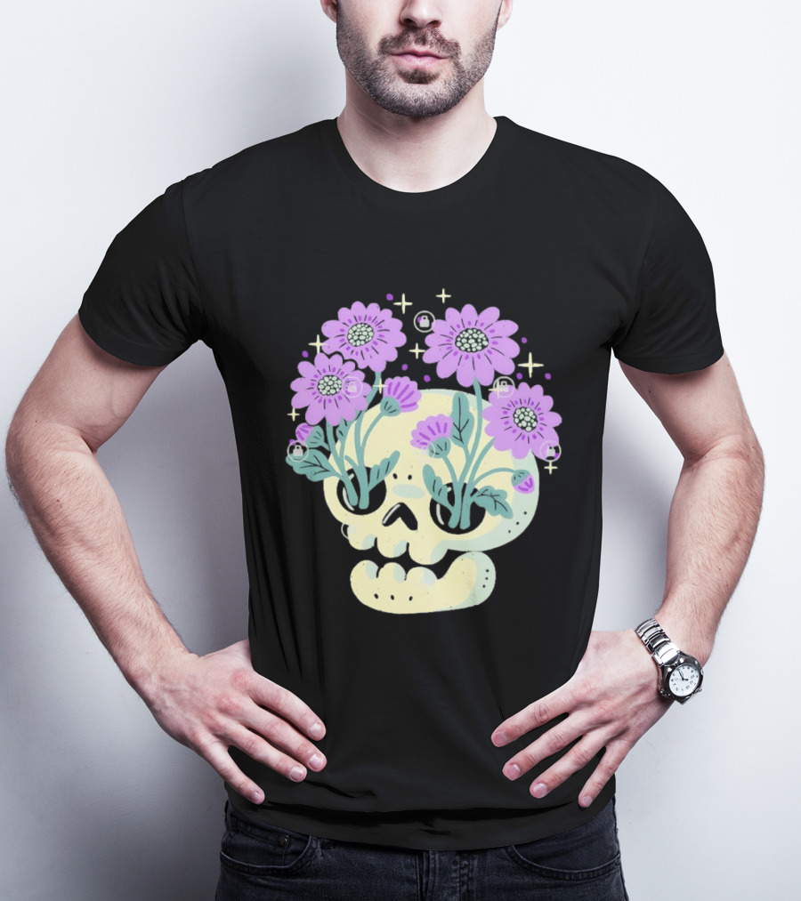 Skull With Purple Flowers And Stars Aesthetic T-Shirt