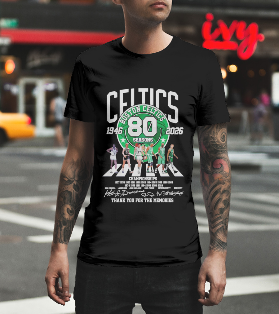 Boston Celtics 80 Seasons 1946 2026 Thank You For The Memories Signatures 17 Championships T-Shirt