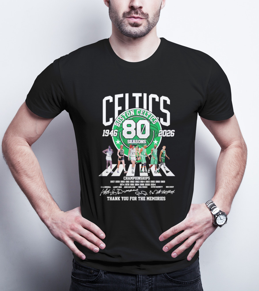 Boston Celtics 80 Seasons 1946 2026 Thank You For The Memories Signatures 17 Championships T-Shirt