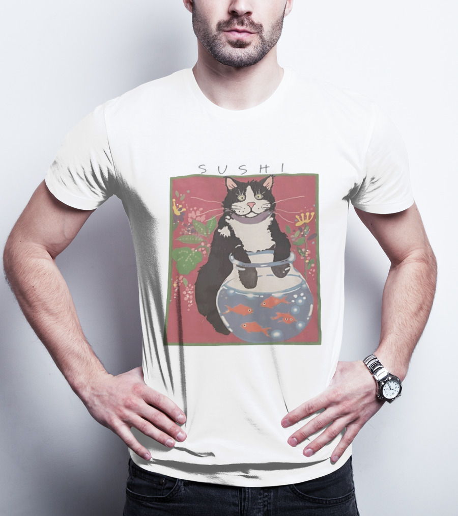 Sushi Cat Holding Fishbowl With Goldfish And Flowers T-Shirt
