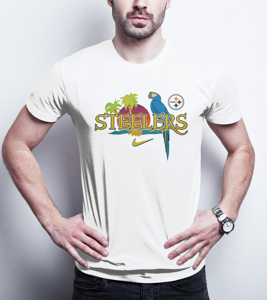 Pittsburgh Steelers Tropical Parrot Palm Trees Sunset It's 5 O' Somewhere T-Shirt