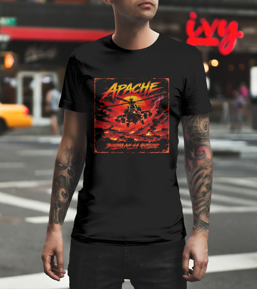 Apache Boeing AH 64 Gunship Sunset Storm Scene T-Shirt