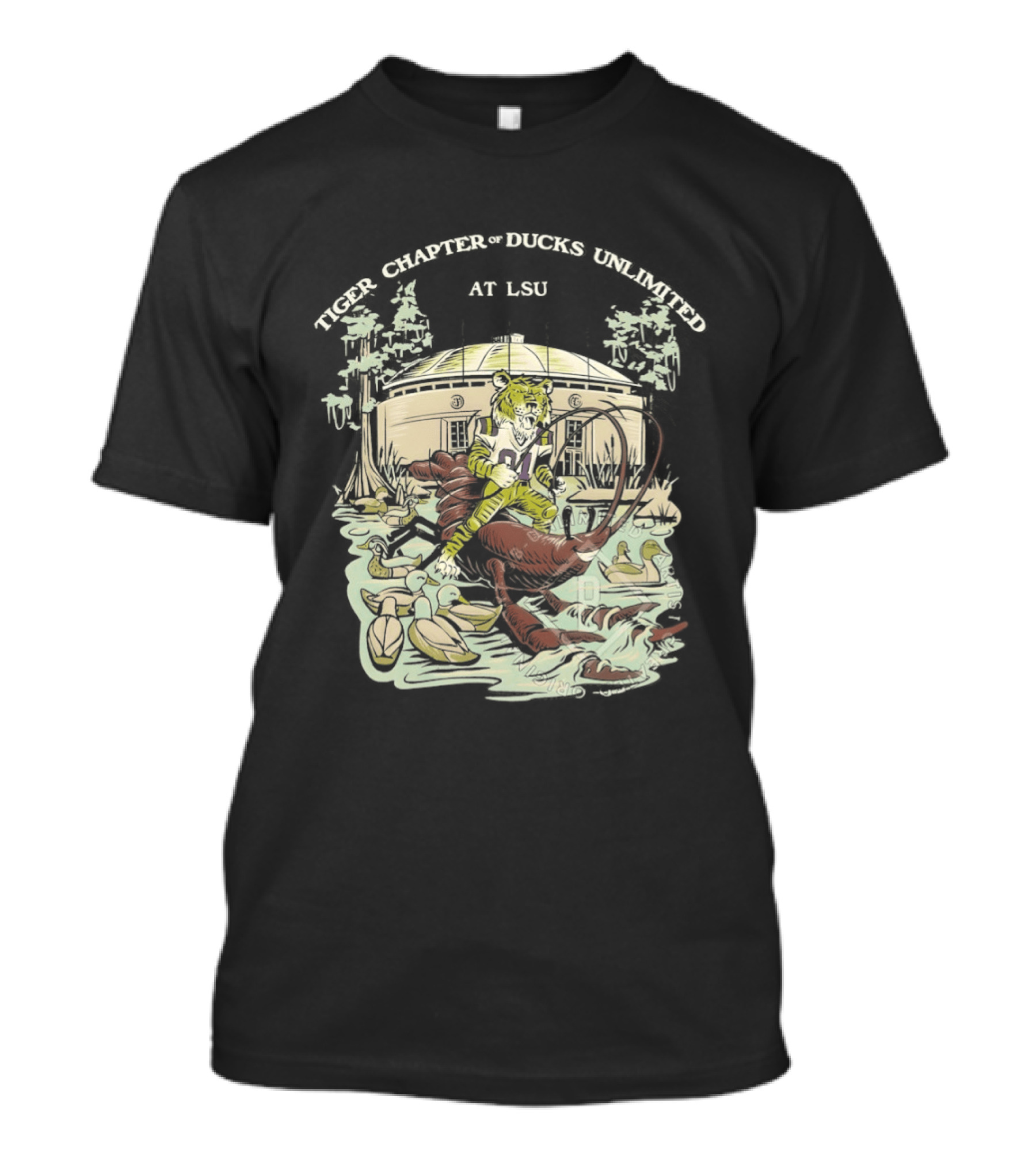 LSU Tiger Chapter Of Ducks Unlimited Established 1937 Tiger Holding Crawfish With Ducks T-Shirt
