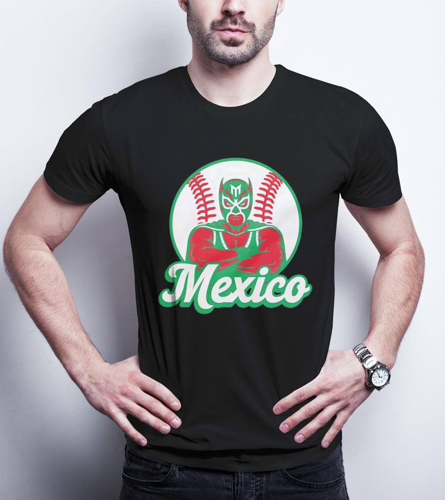 Mexico Luchador Baseball Mask Icon With Arms Crossed In Front Of Baseball Stitch T-Shirt