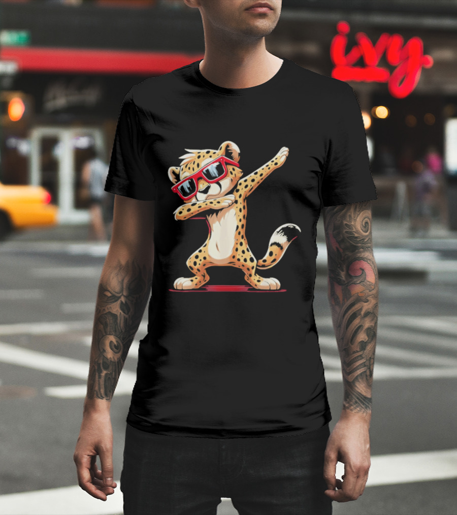 Cheetah Dabbing With Red Sunglasses Animal Pose T-Shirt