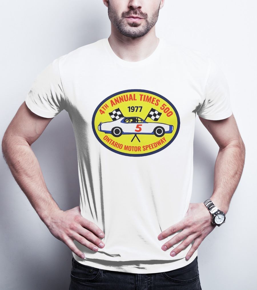 4th Annual Times 500 Ontario Motor Speedway 1977 Race Car Checkered Flags T-Shirt