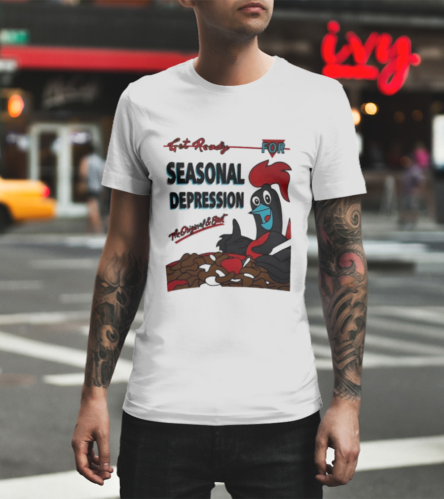 Get Ready For Seasonal Depression Rooster Cereal Red Black Cartoon T-Shirt