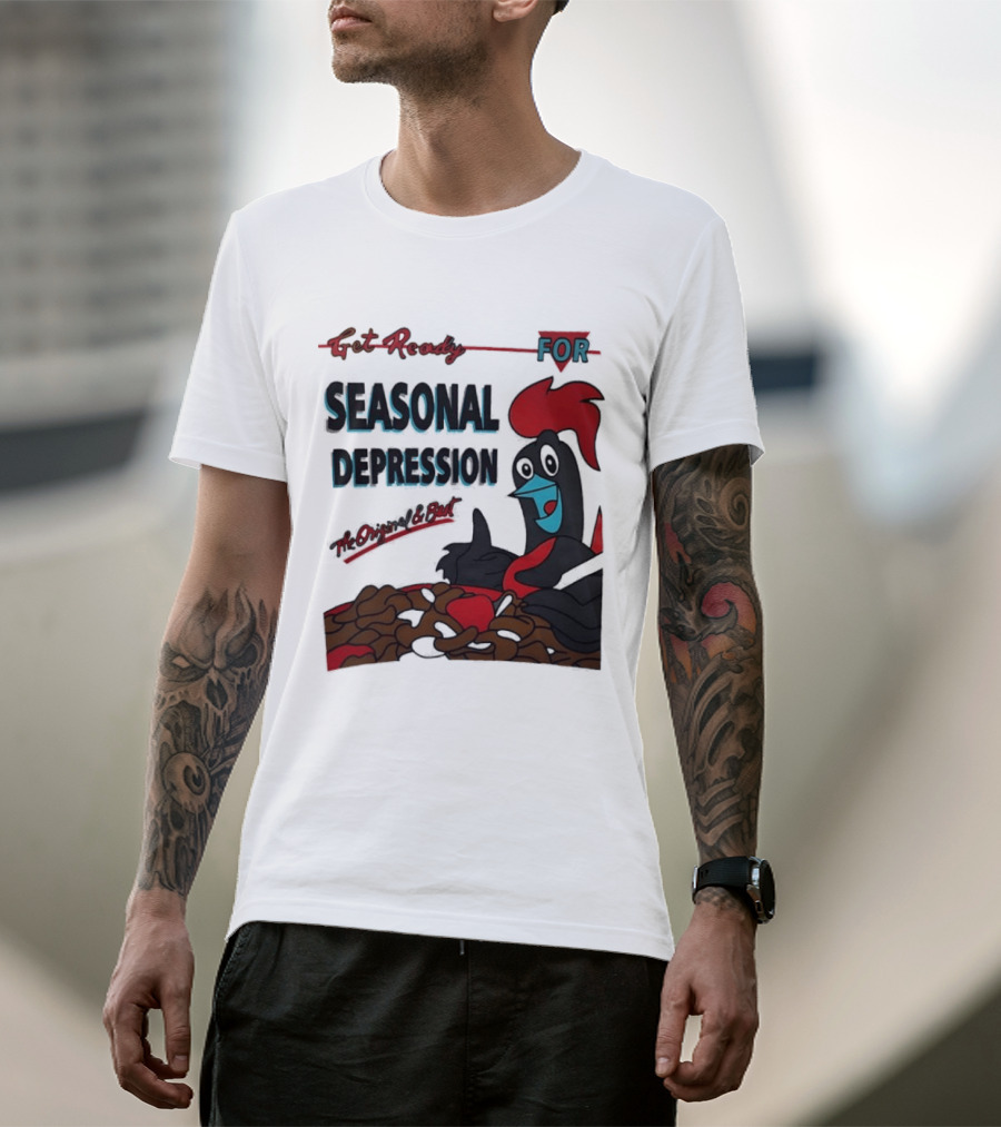 Get Ready For Seasonal Depression Rooster Cereal Red Black Cartoon T-Shirt