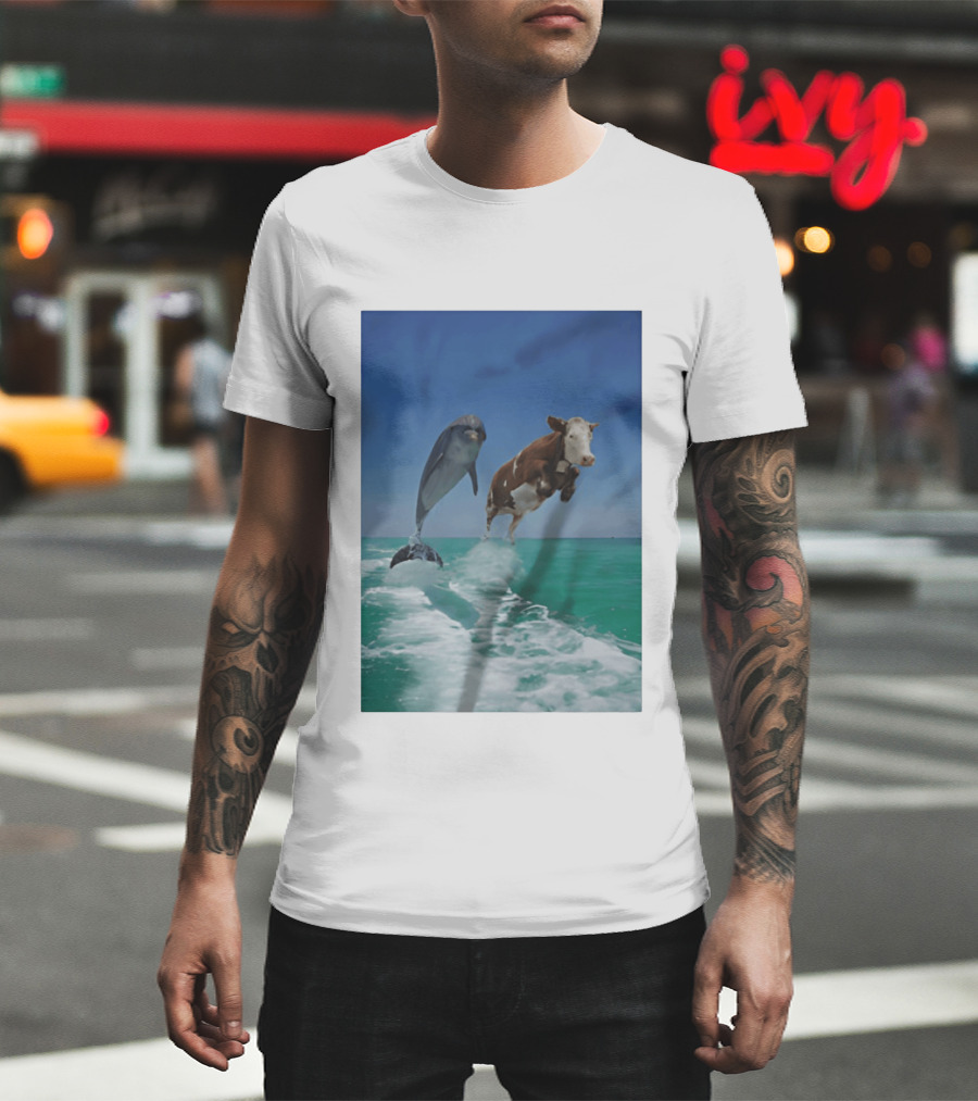 Cow And Dolphin Jumping Out Of Water Ocean Adventure T-Shirt