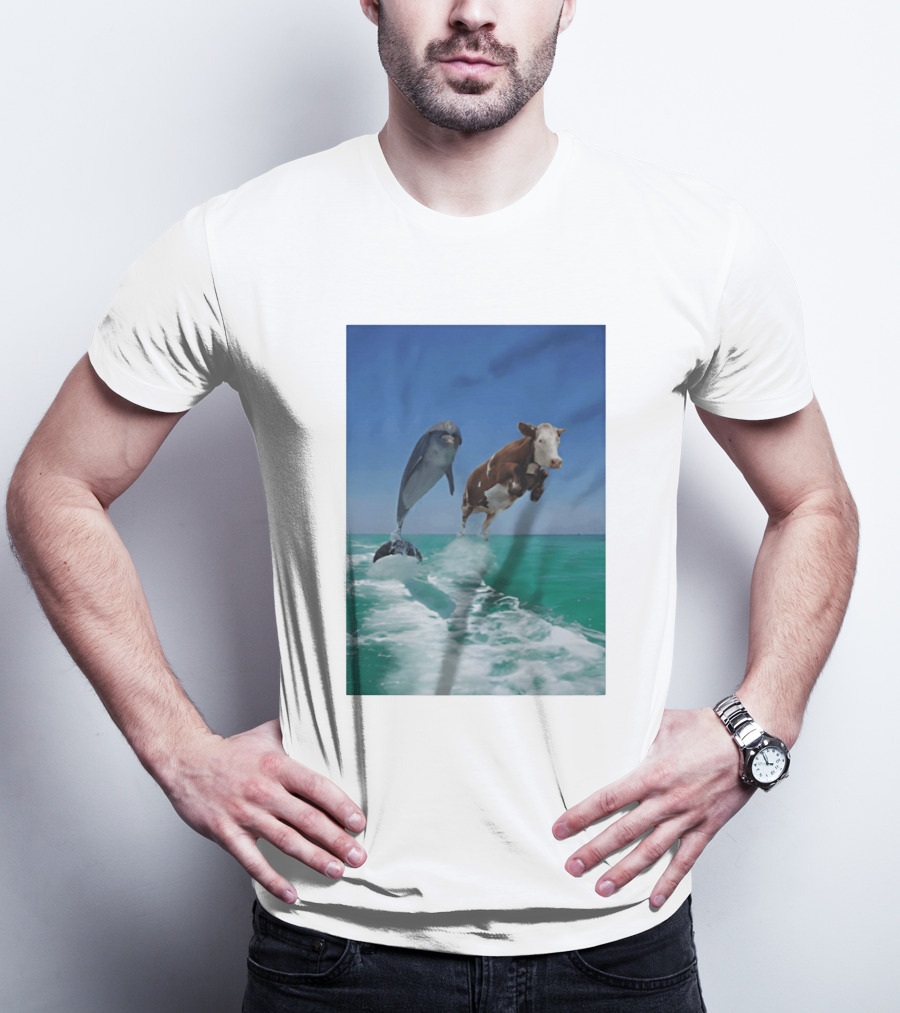 Cow And Dolphin Jumping Out Of Water Ocean Adventure T-Shirt